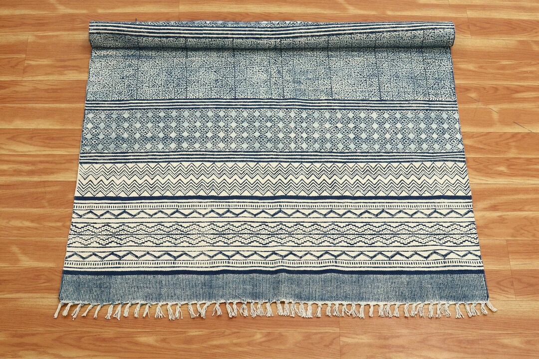 Blue Beige Natural Cotton Rug Hand Block Print Rug Carpet for Living ...