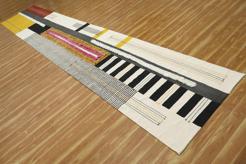 Handwoven Cotton Hallway Runner Rug, Grey Yellow Block Print - Etsy