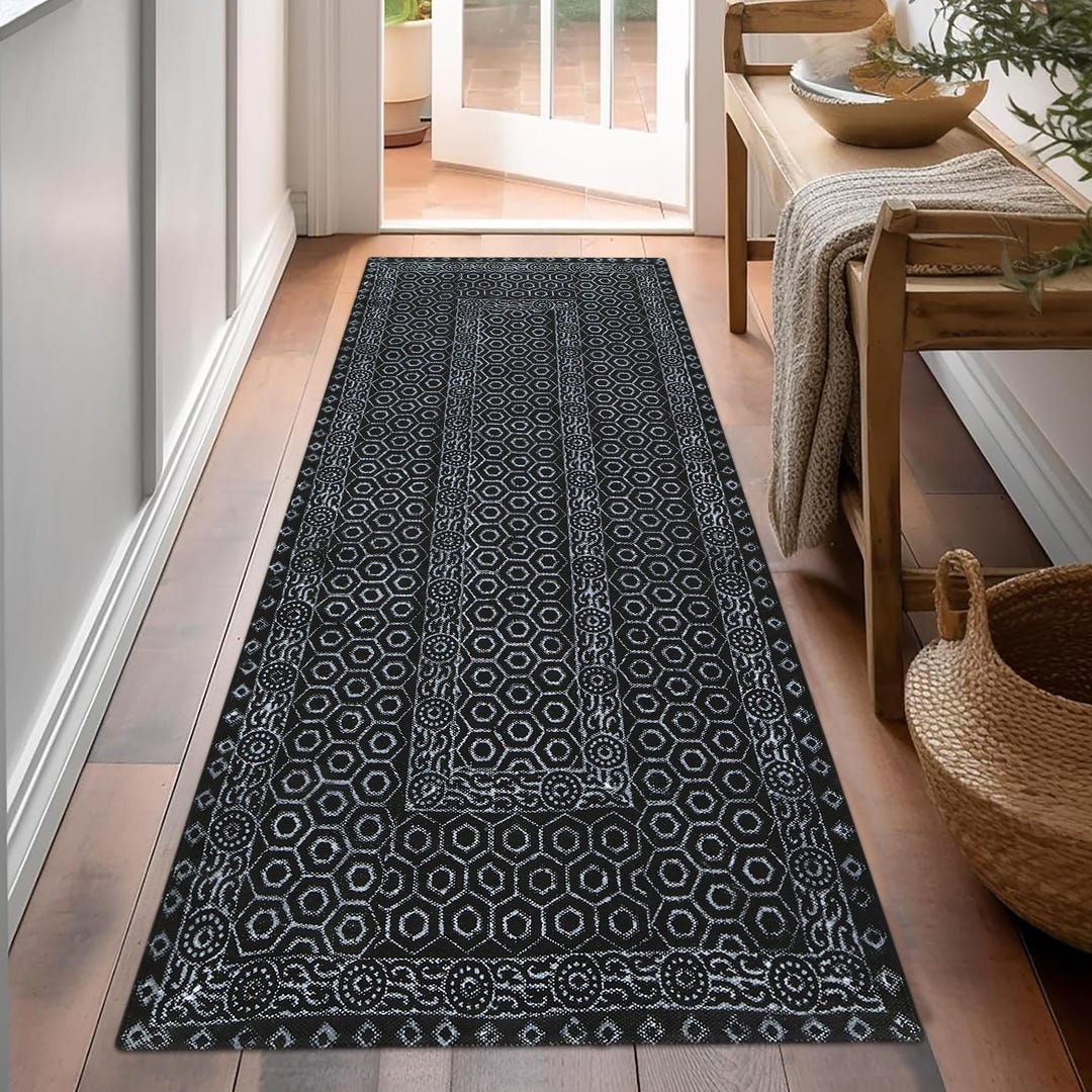 Black Geometric Hand Block Printed Cotton Runner Rug - Etsy