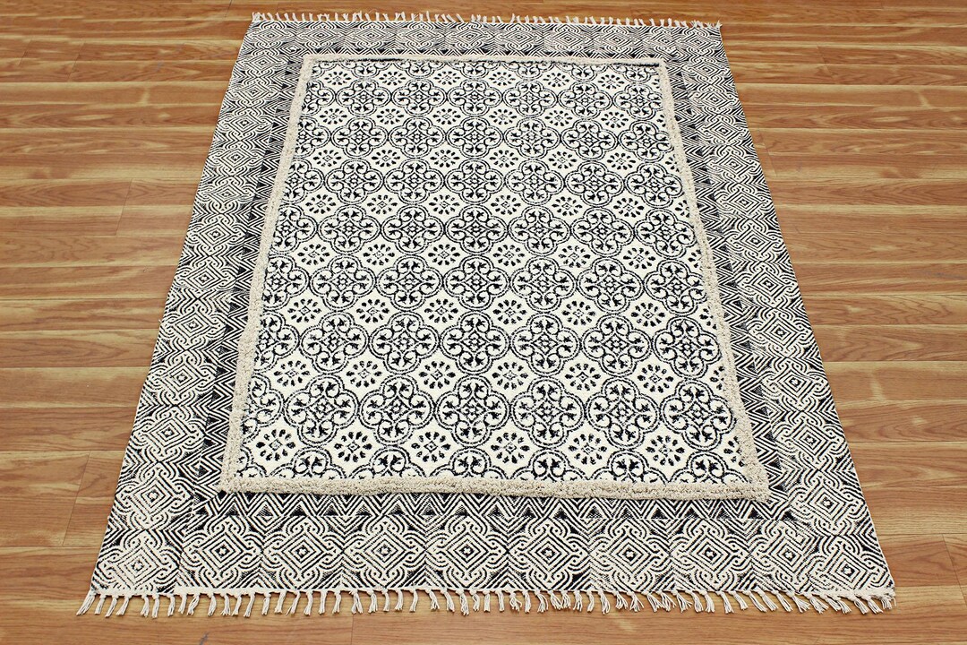 Hand Tufting Work Rug Floral Block Printed Rug Large Black Area Rug ...