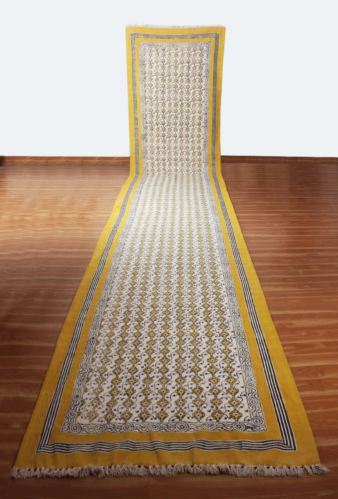 Hand Block Printed Cotton Runner Rug, Yellow & Blue, Hallway Stair ...