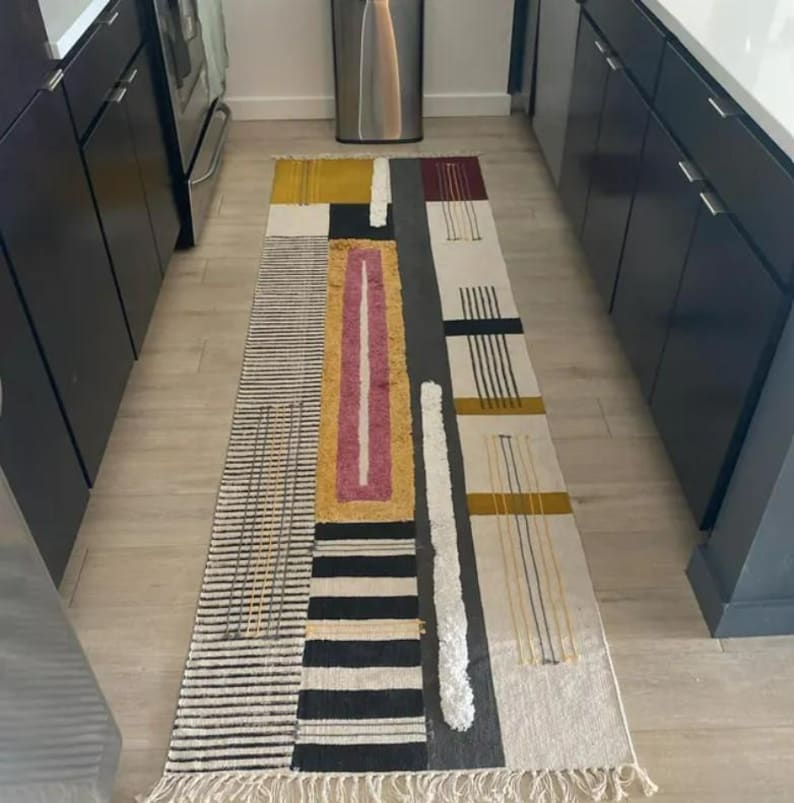 Handwoven Cotton Hallway Runner Rug, Grey Yellow Block Print - Etsy