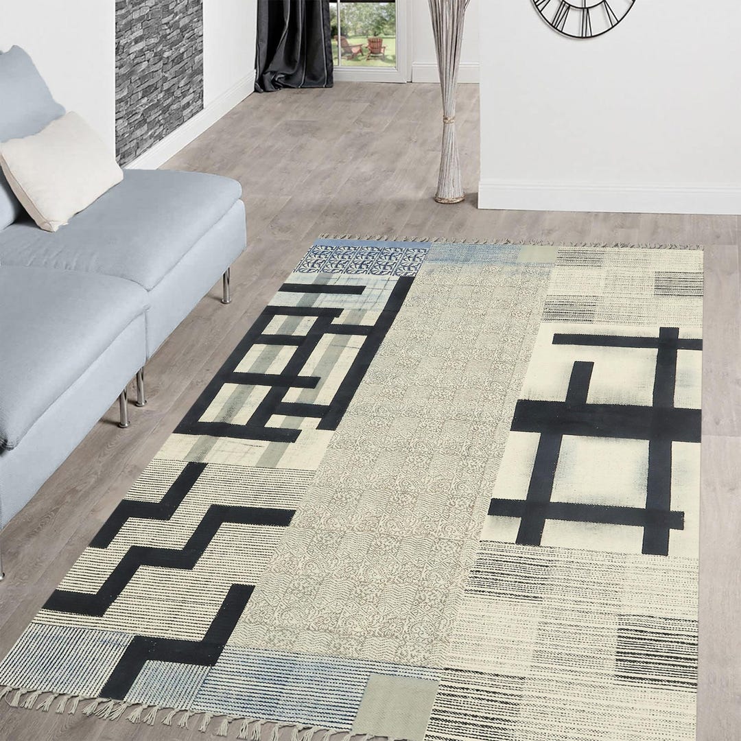 4x6 Feet Abstract Cotton Rug Handwoven Boho Kilim Rug 4x6: Black ...