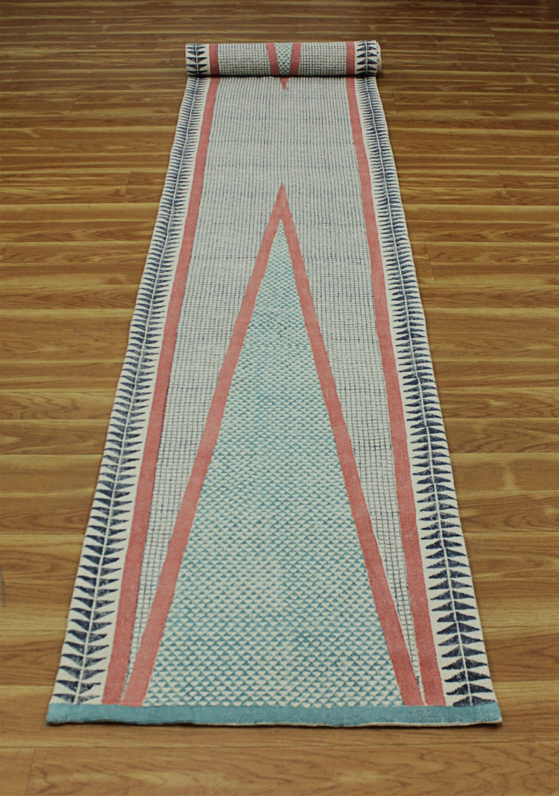 Hand Block Printed Cotton Runner Rug: Blue Hallway Stair Runner - Etsy