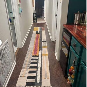 Handwoven Cotton Hallway Runner Rug, Grey Yellow Block Print - Etsy