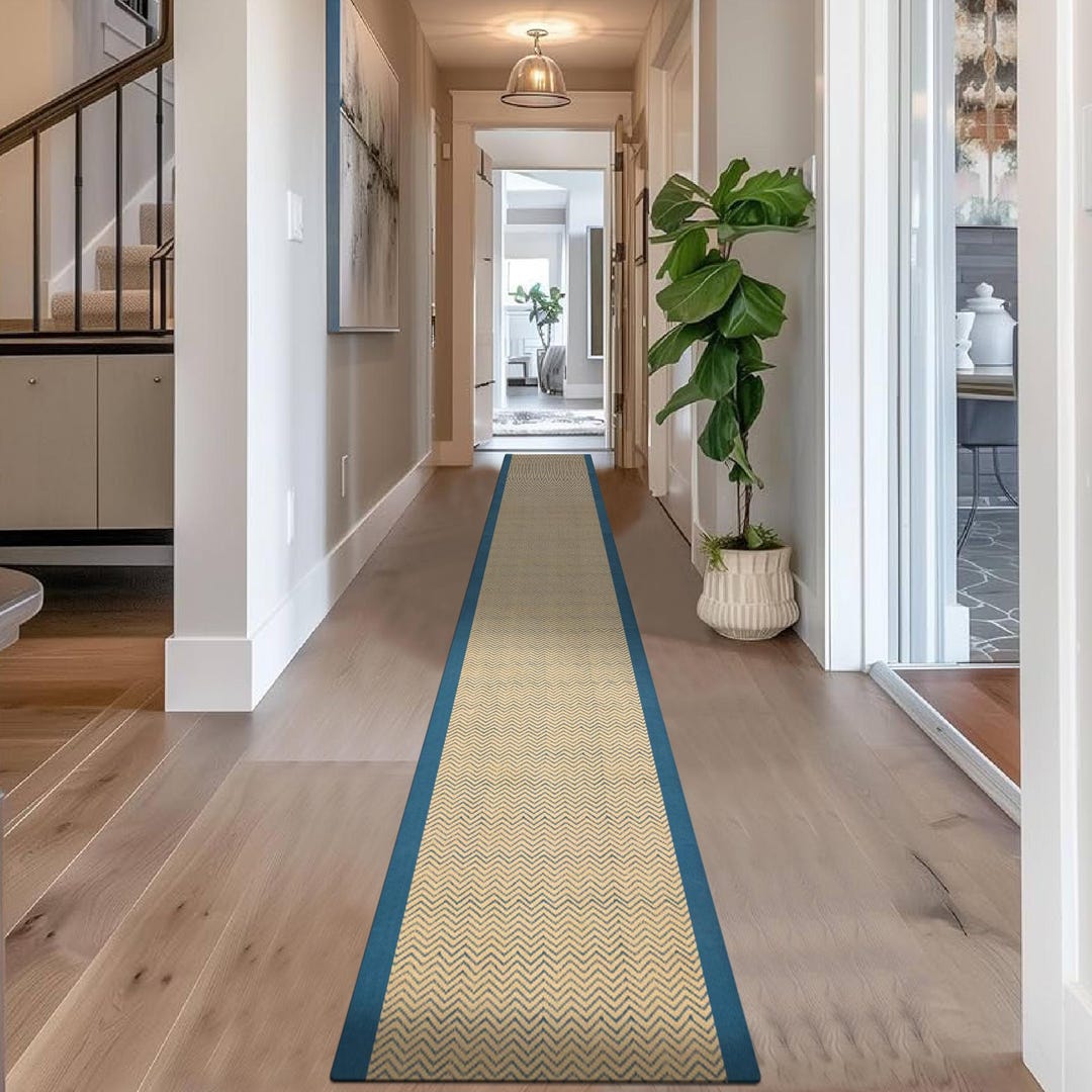 Hand Block Printed Cotton Hallway Runner Rug - Blue Beige Herringbone ...