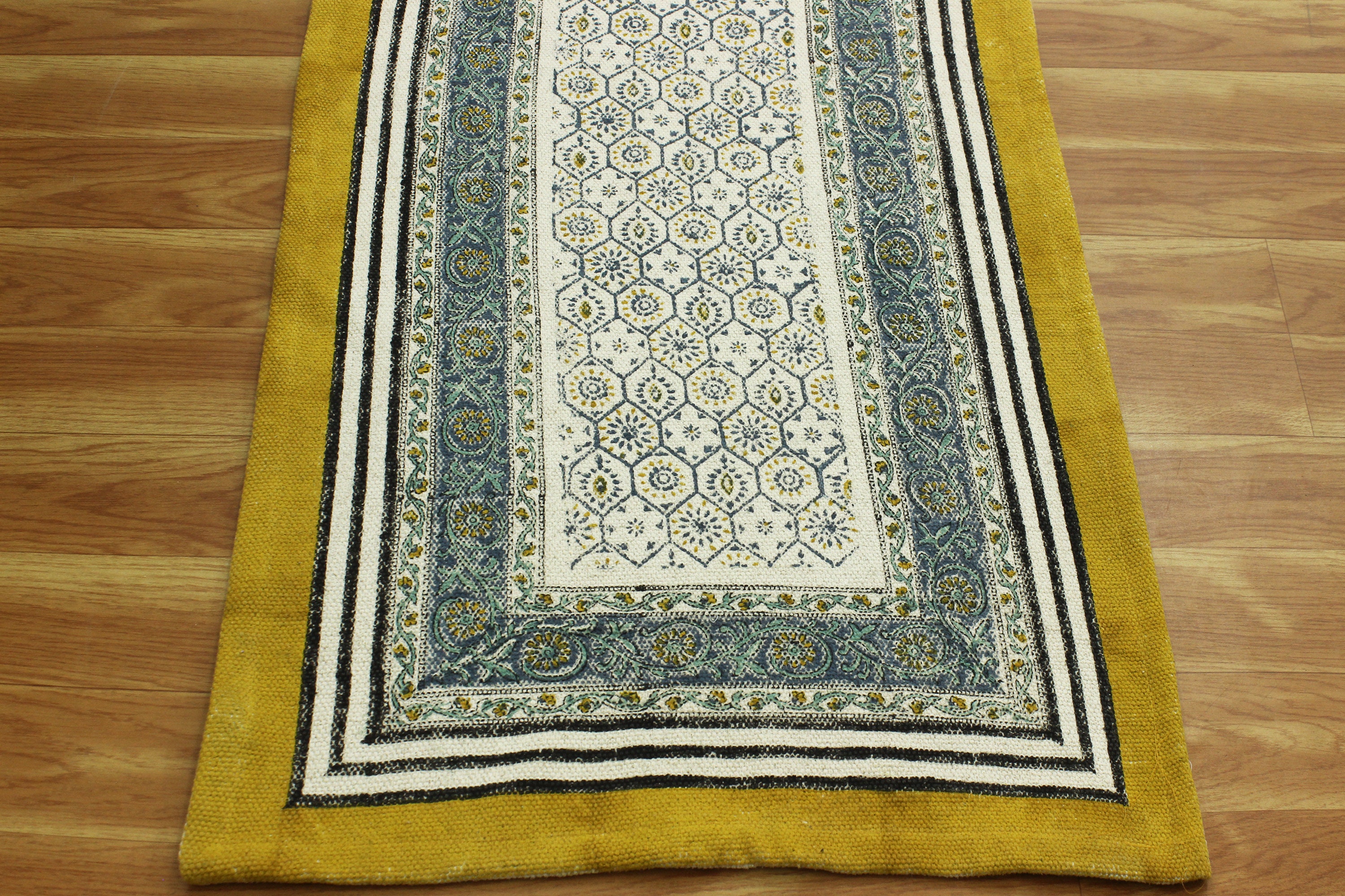 Hand Block Printed Cotton Runner Rug: Yellow Black Hallway Stair Decor ...