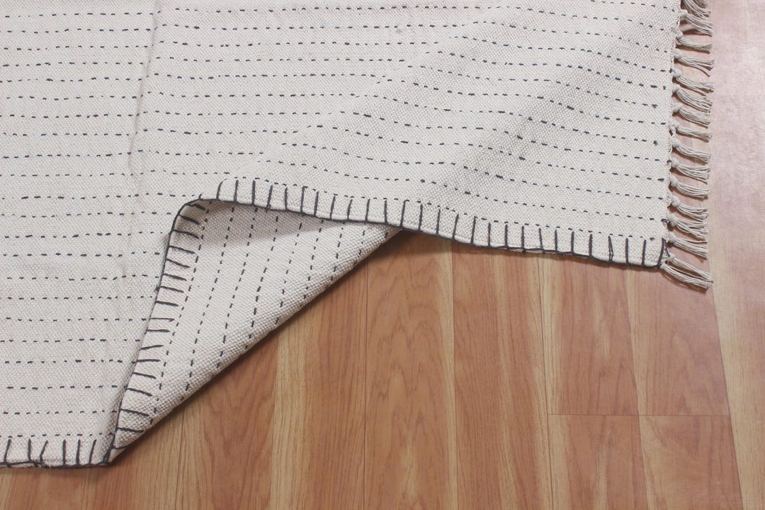 Indian Kantha Rug Black Treads Work Rug Beige Cotton Flatweave Rug Hand ...