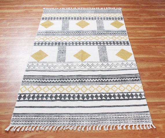 Hand Block Printed Dhurrie Indian Cotton Handmade Linen 5 x 8 Feet Area ...