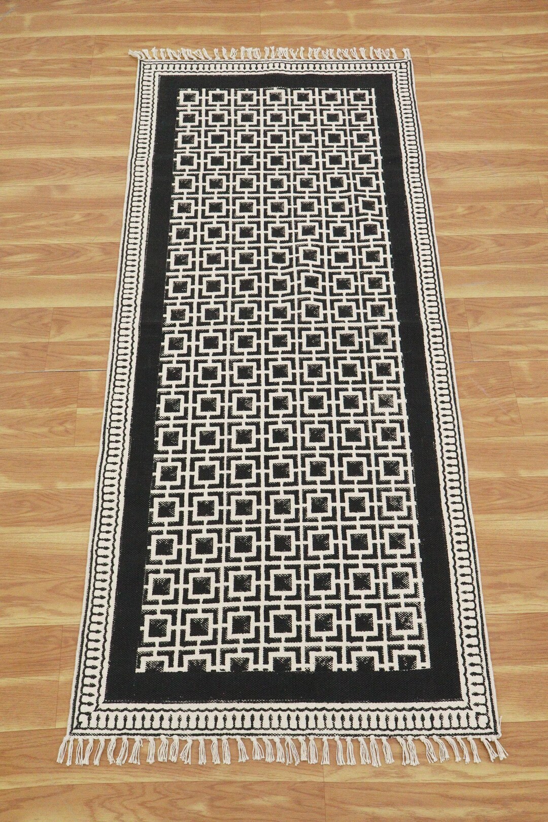 Black Beige Cotton Rug: Modern Block Printed Dhurrie Runner, Boho Area ...