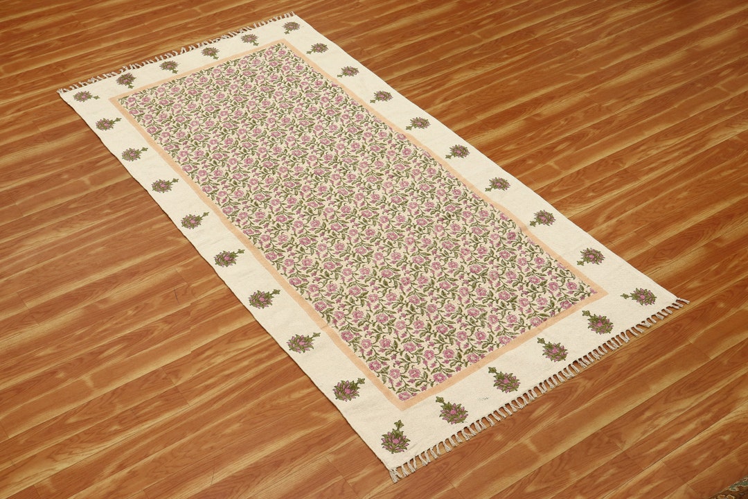 Green Pink Floral Rug Handmade Living Room Rug Cotton Area Rug - Etsy