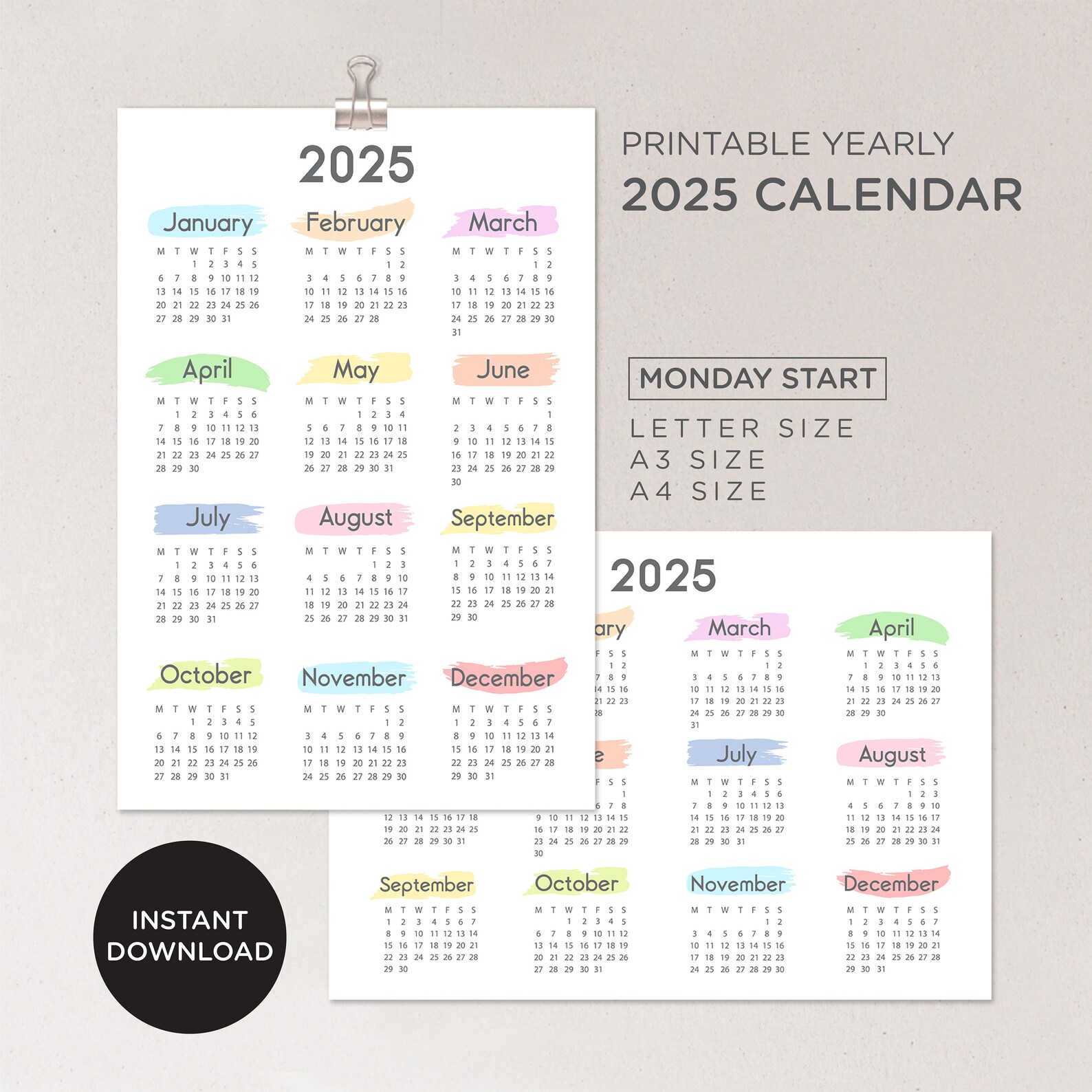 2025 Yearly Calendar Printable, Yearly Calendar Poster, 2025 Calendar ...