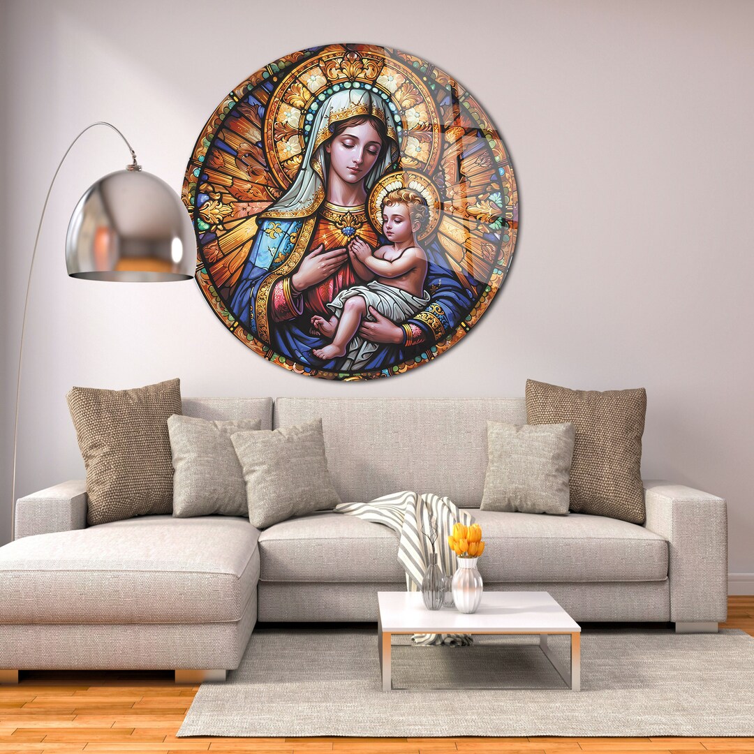 Virgin Mary Tempered Glass Wall Art, Virgin Mary Round Tempered Glass ...