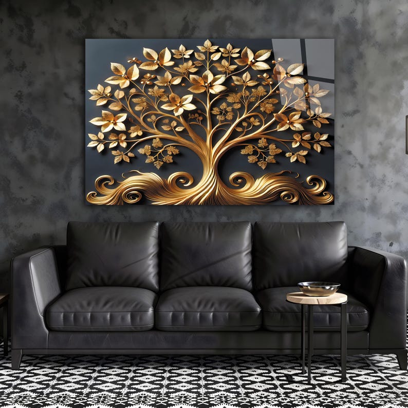 Gold Tree Glass Wall Art, Oversized Wall Art, Living Room Wall Decor ...