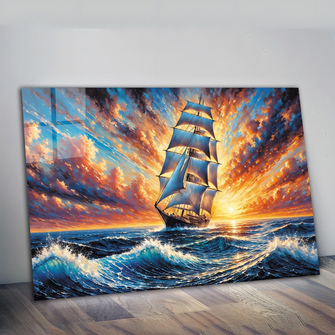 Ship Tempered Glass Wall Art | Wavy Sea Glass Art | Sunset Wall Art ...