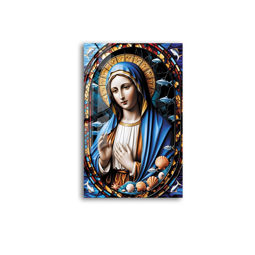 Virgin Mary Tempered Glass Wall Art, Virgin Mary Round Tempered Glass ...