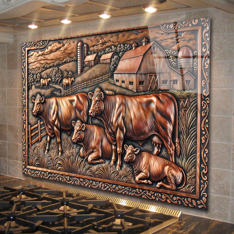 Cows Farm Kitchen Backsplash, Rustic Copper Tempered Glass Stove ...