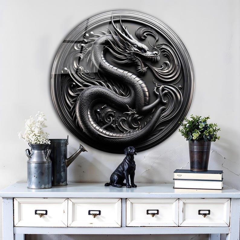 Black Dragon Tempered Glass Wall Art, Mythologic Round Decor - Etsy