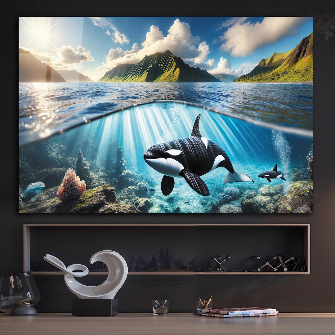 Orca Whale Wall Art, Nautical Theme Tempered Glass, Extra Large Wall ...