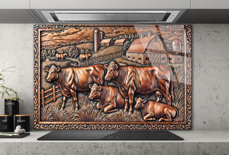 Cows Farm Kitchen Backsplash, Rustic Copper Tempered Glass Stove ...