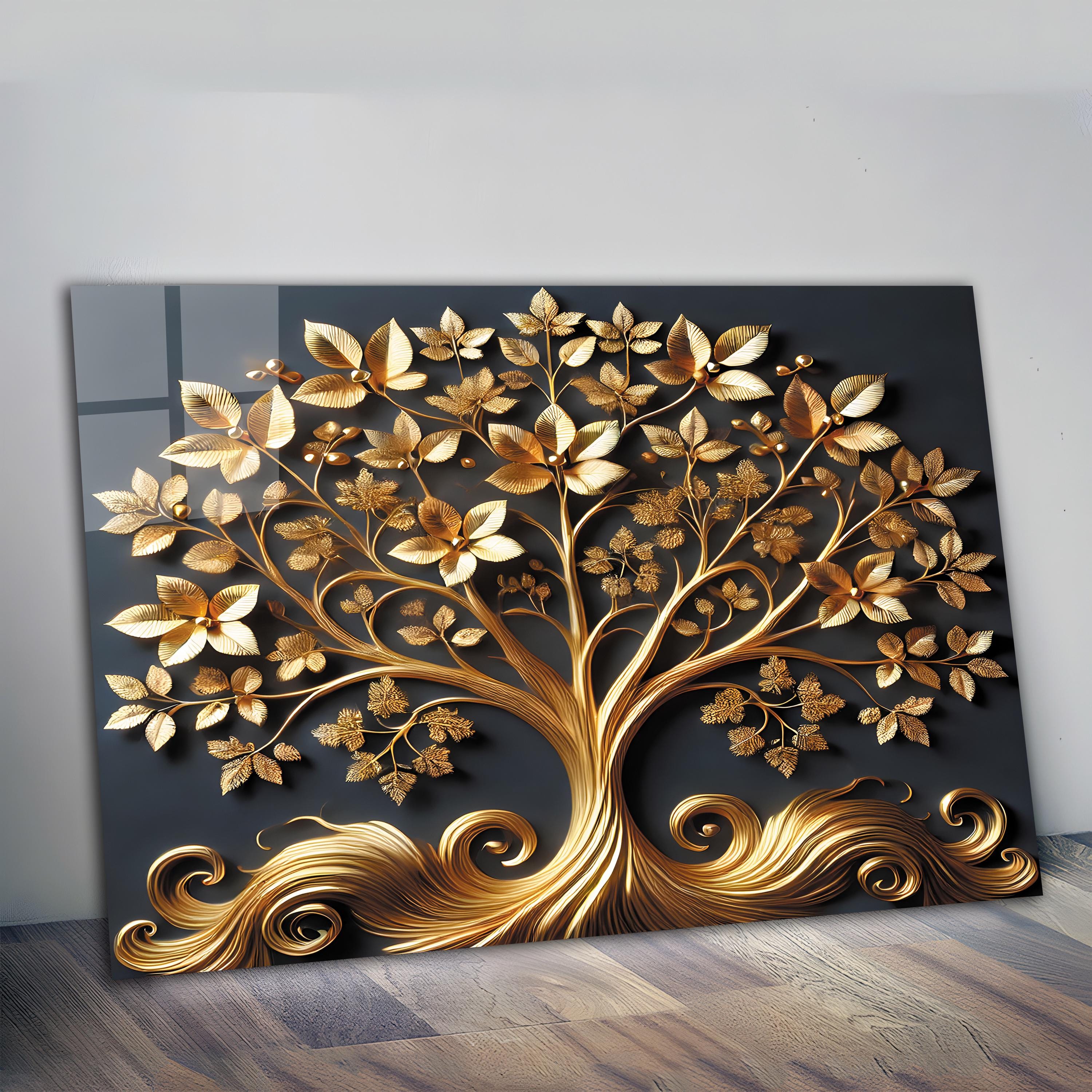 Gold Tree Glass Wall Art, Oversized Wall Art, Living Room Wall Decor ...