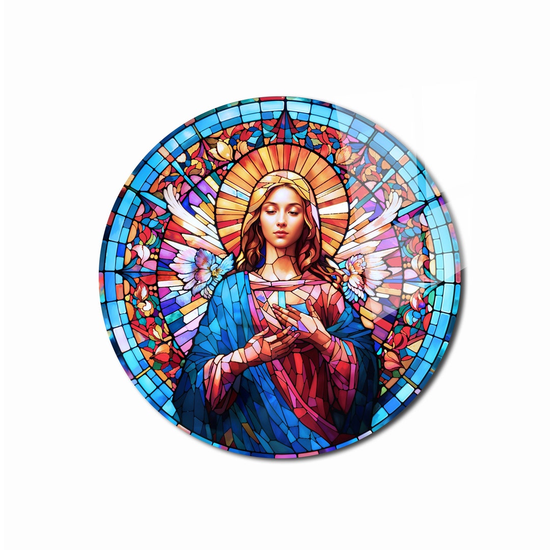 Virgin Mary Tempered Glass Wall Art, Virgin Mary Round Tempered Glass ...