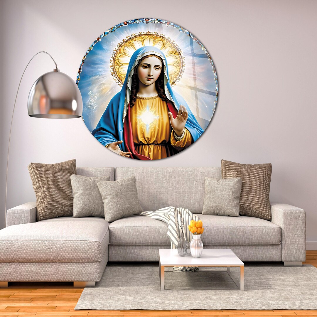 Virgin Mary Tempered Glass Wall Art, Virgin Mary Round Tempered Glass ...