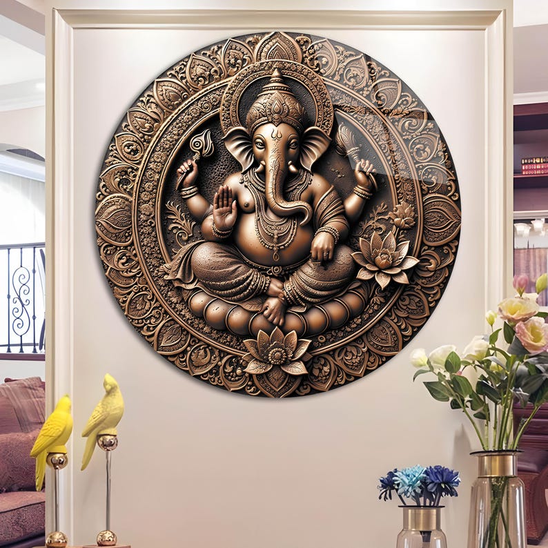 Ganesh Hindu Wall Art, Copper Look Tempered Glass Print - Etsy