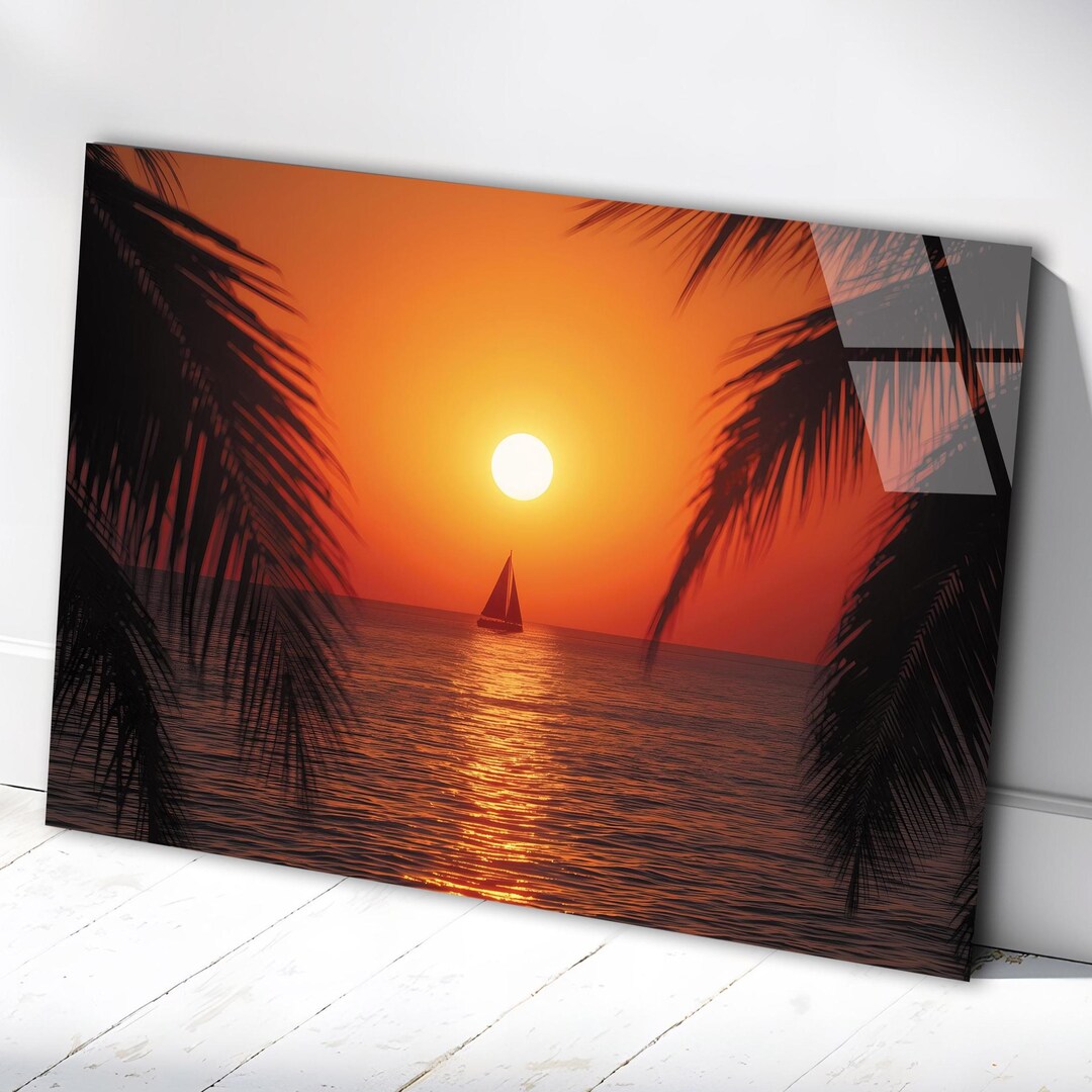 Ship Tempered Glass Wall Art | Wavy Sea Glass Art | Sunset Wall Art ...