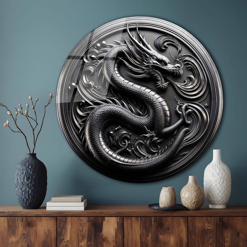 Black Dragon Tempered Glass Wall Art, Mythologic Round Decor - Etsy