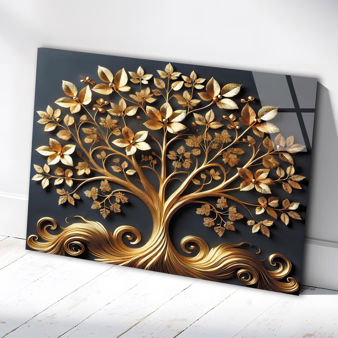 Gold Tree Glass Wall Art, Oversized Wall Art, Living Room Wall Decor ...