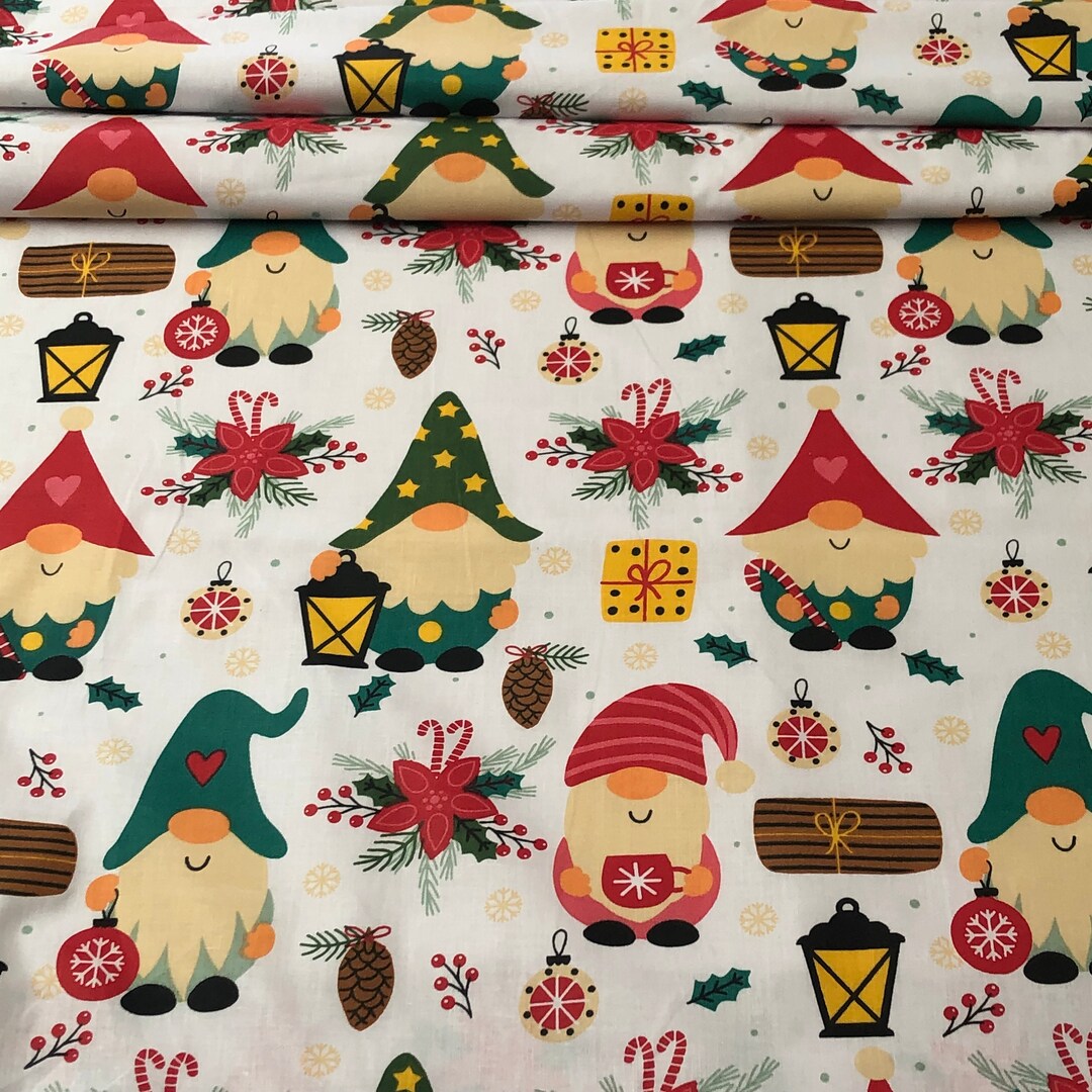 Christmas Gnomes Red Green on White Gonk 100% Cotton Fabric , Wide Roll ...
