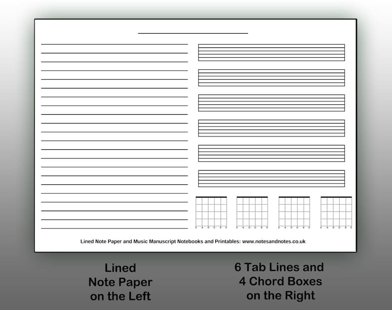 Printable Tab Paper + Space for Notes Blank Guitar Tablature Sheet US ...