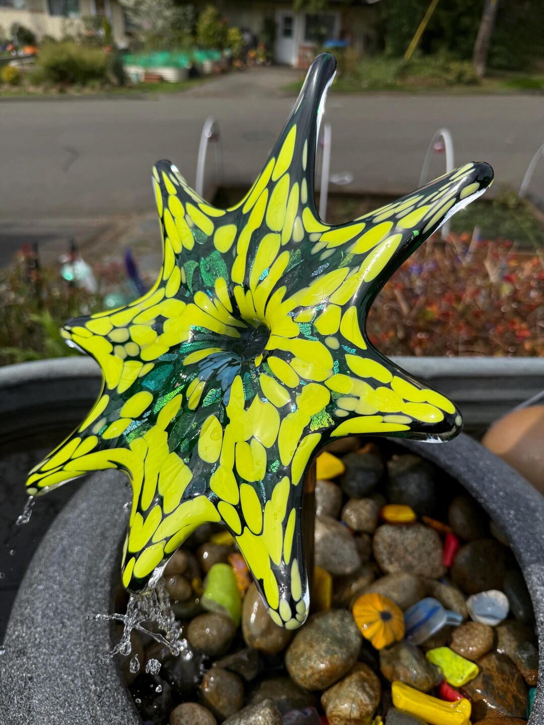 Blown Glass Flower, Outdoor Fountain, Water Spitter, Dichroic Glass ...