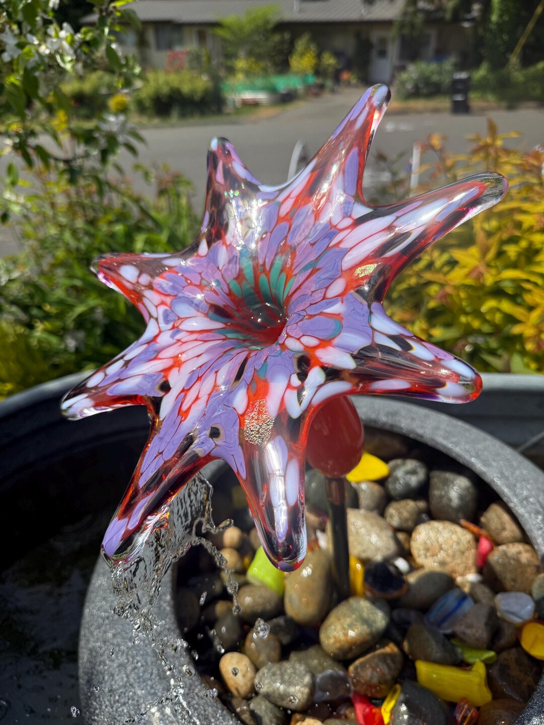 Outdoor Fountain, Blown Glass Flower, Water Spitter, Father and Son ...