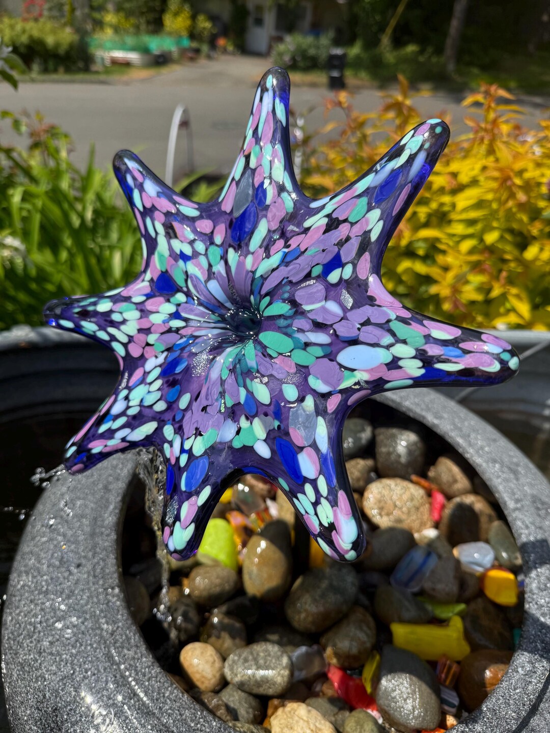 Outdoor Fountain, Blown Glass Flower, Spitter, Dichroic Glass, Father ...