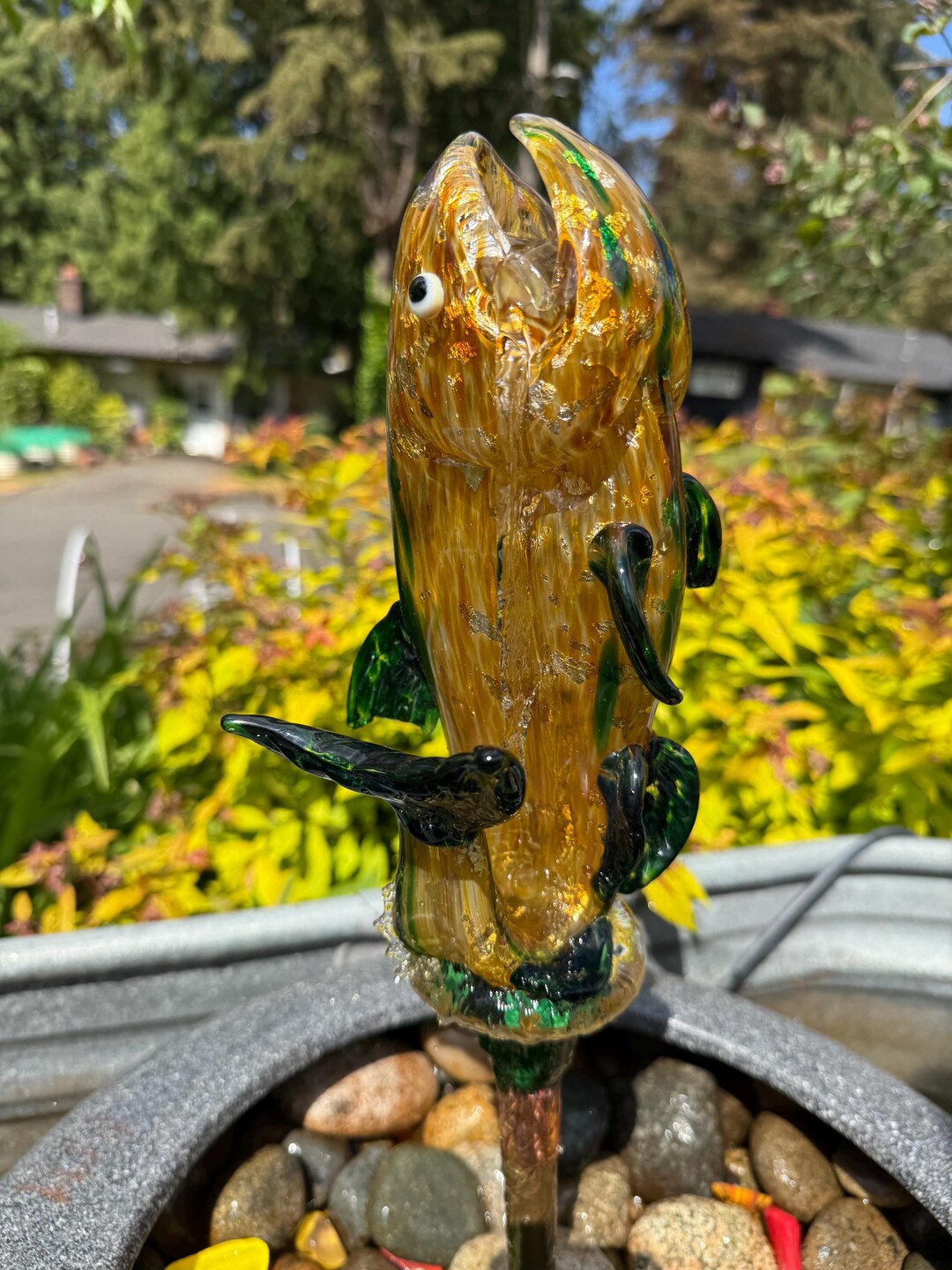 Outdoor Fountain, Blown Glass Fish, Garden Art, Fish Water Spitter ...