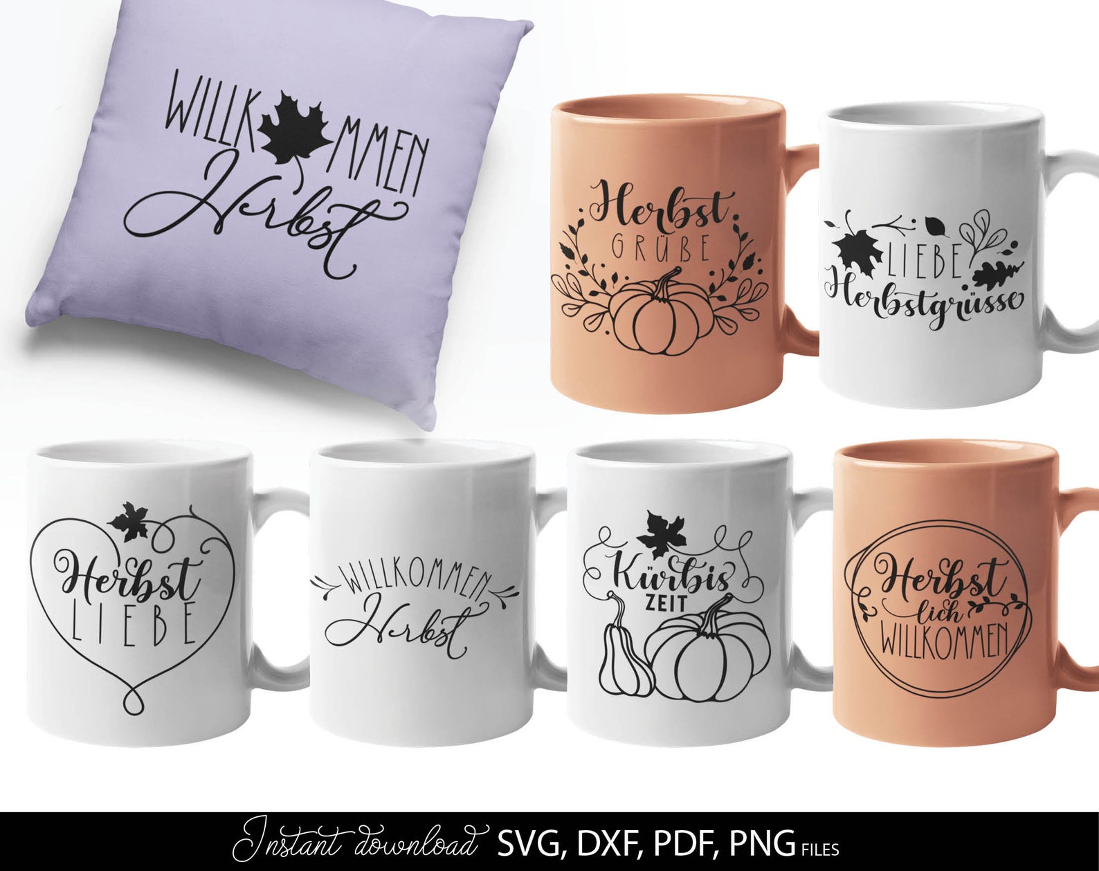 German Autumn Plotter File SVG DXF PNG Hello Fall Greeting Cricut Leaf ...