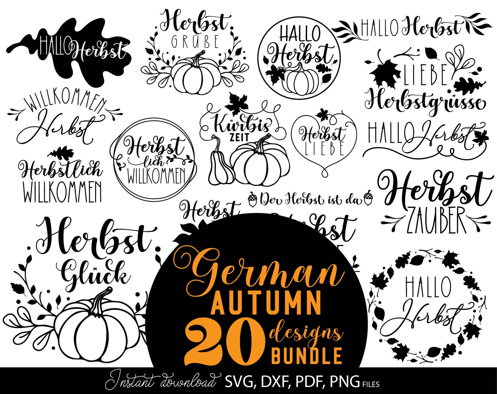 German Autumn Plotter File SVG DXF PNG Hello Fall Greeting Cricut Leaf ...