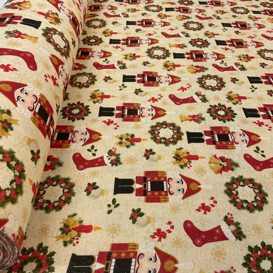 Christmas Fabric Cotton Blend With Nutcracker Print | Gold Lurex Thread ...