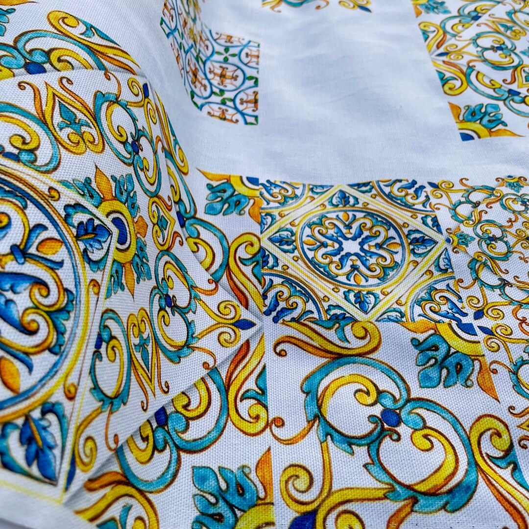 Fabric by Yard Sicilian Majolica Print Width 55" Cotton/ Fabric Cotton ...