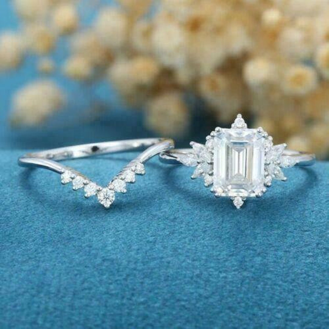 Enhancer Ring Sets 4.50 Ct Emerald Cut Moissanite Bridal Set - Etsy