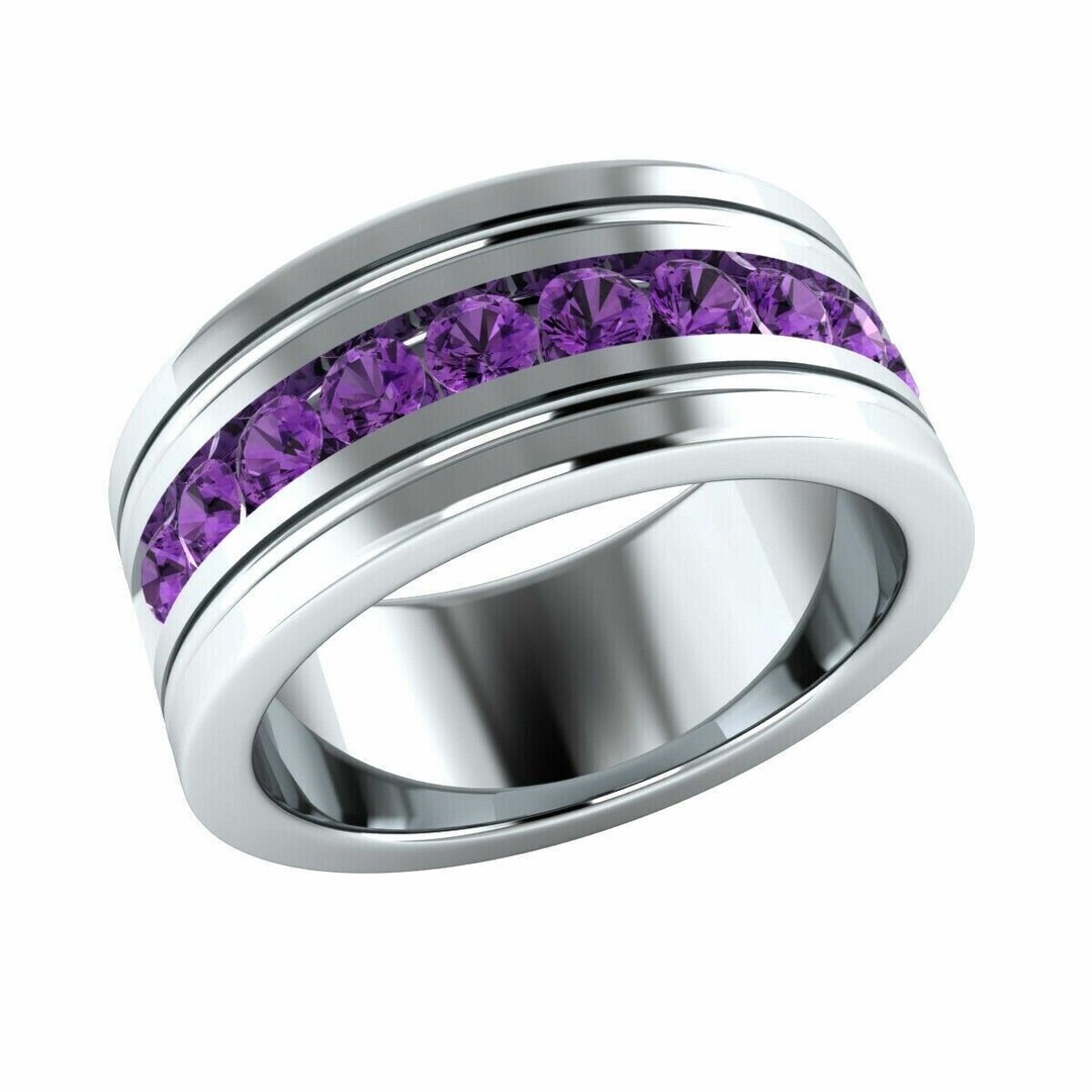 Men's Band Rings, 1ct Round Purple Amethyst Half Eternity Men's Wedding ...