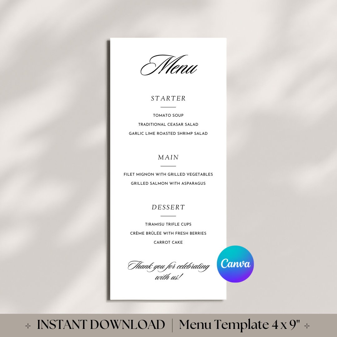 Menu Template Modern Elegant Wedding Stationery Editable Event Menu ...