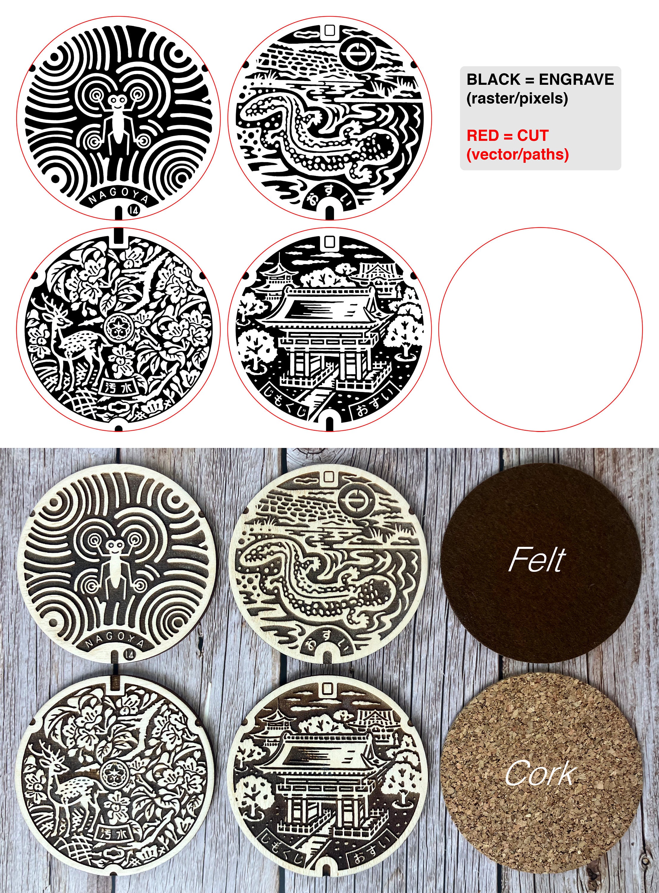 Japanese Manhole Cover Coasters Digital Bundle C: Set of 4 Designs ...