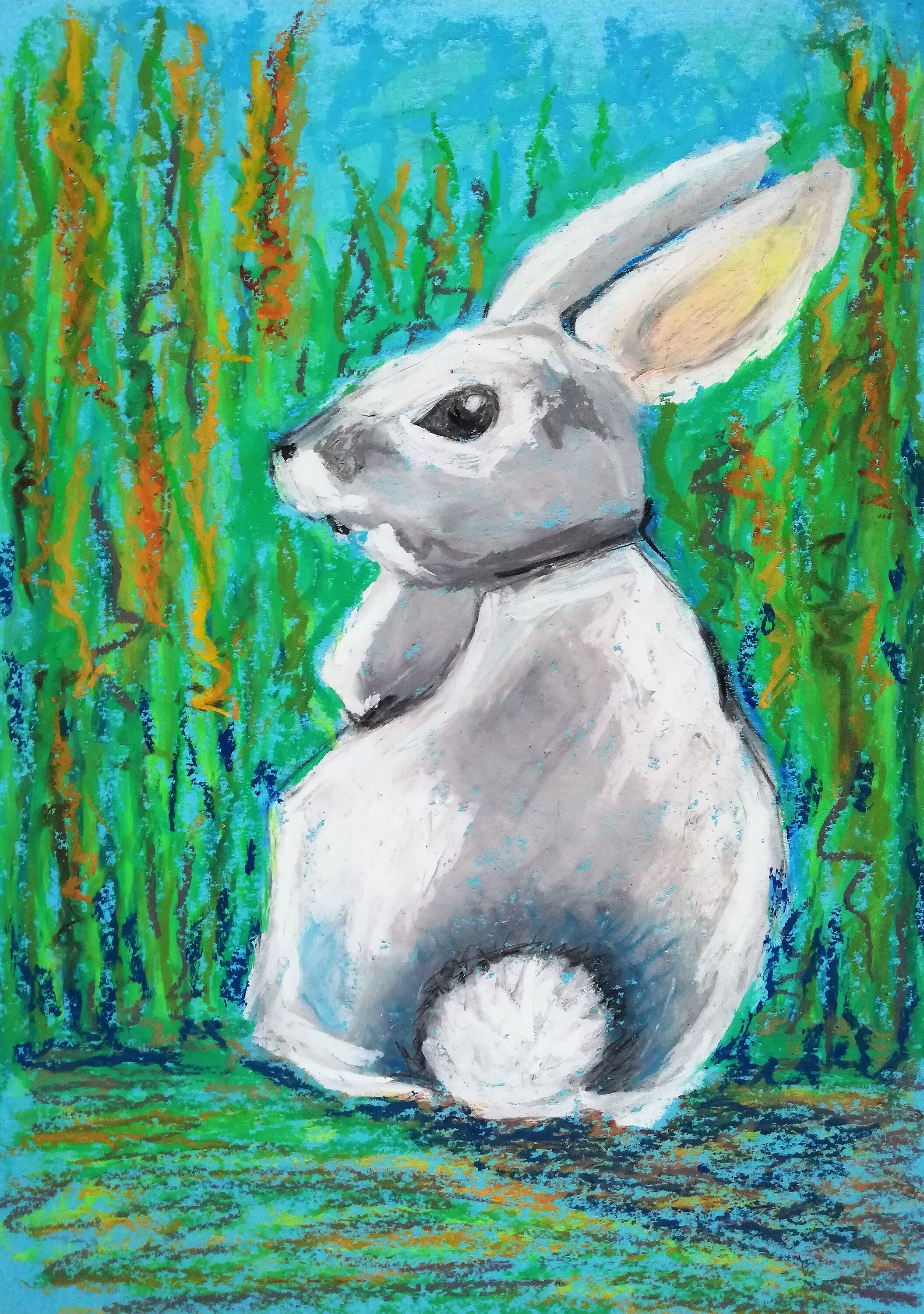 Rabbit Oil Painting Easter Bunny Original Art Oil Pastel Drawing Rabbit ...