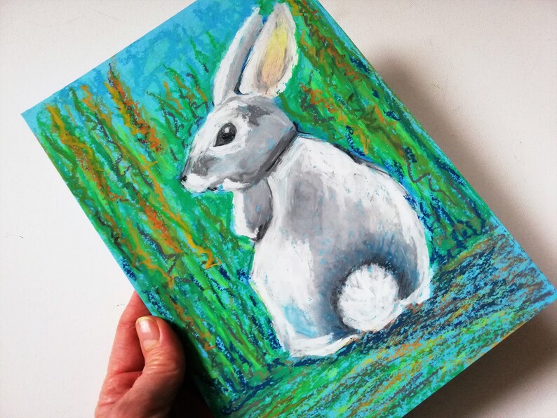 Rabbit Oil Painting Easter Bunny Original Art Oil Pastel Drawing Rabbit ...