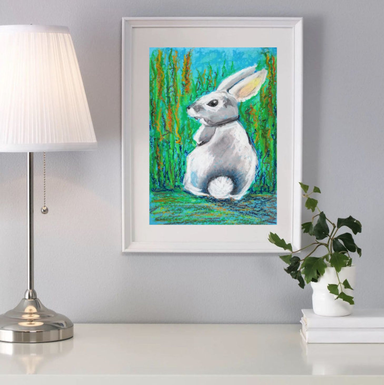 Rabbit Oil Painting Easter Bunny Original Art Oil Pastel Drawing Rabbit ...