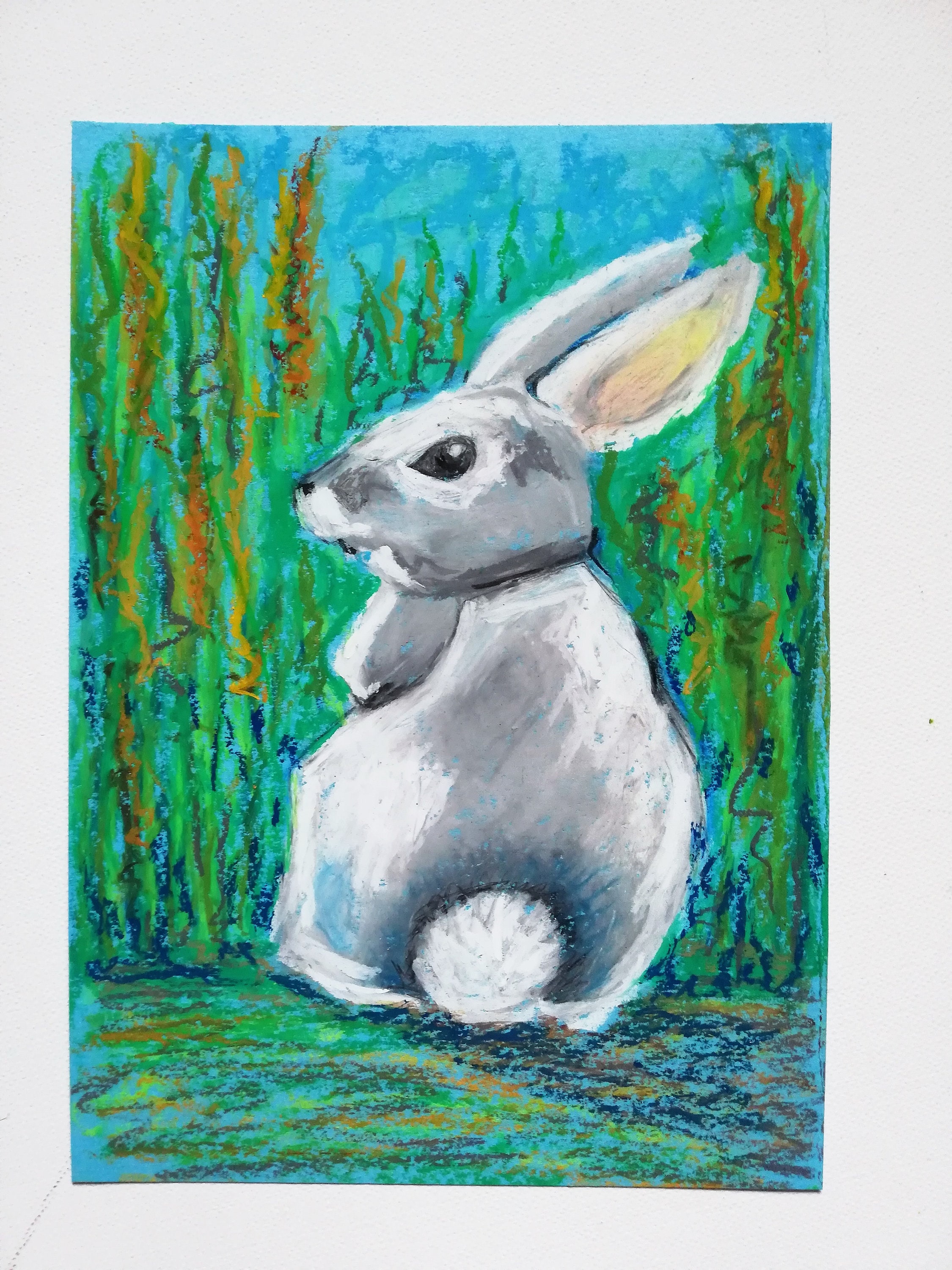 Rabbit Oil Painting Easter Bunny Original Art Oil Pastel Drawing Rabbit ...