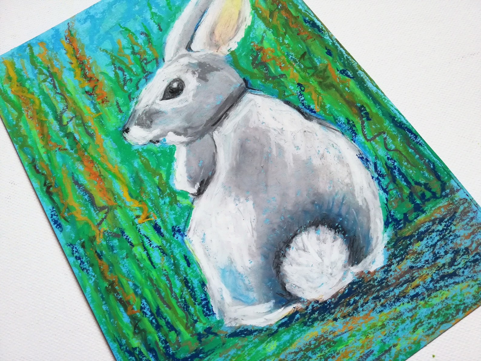 Rabbit Oil Painting Easter Bunny Original Art Oil Pastel Drawing Rabbit ...